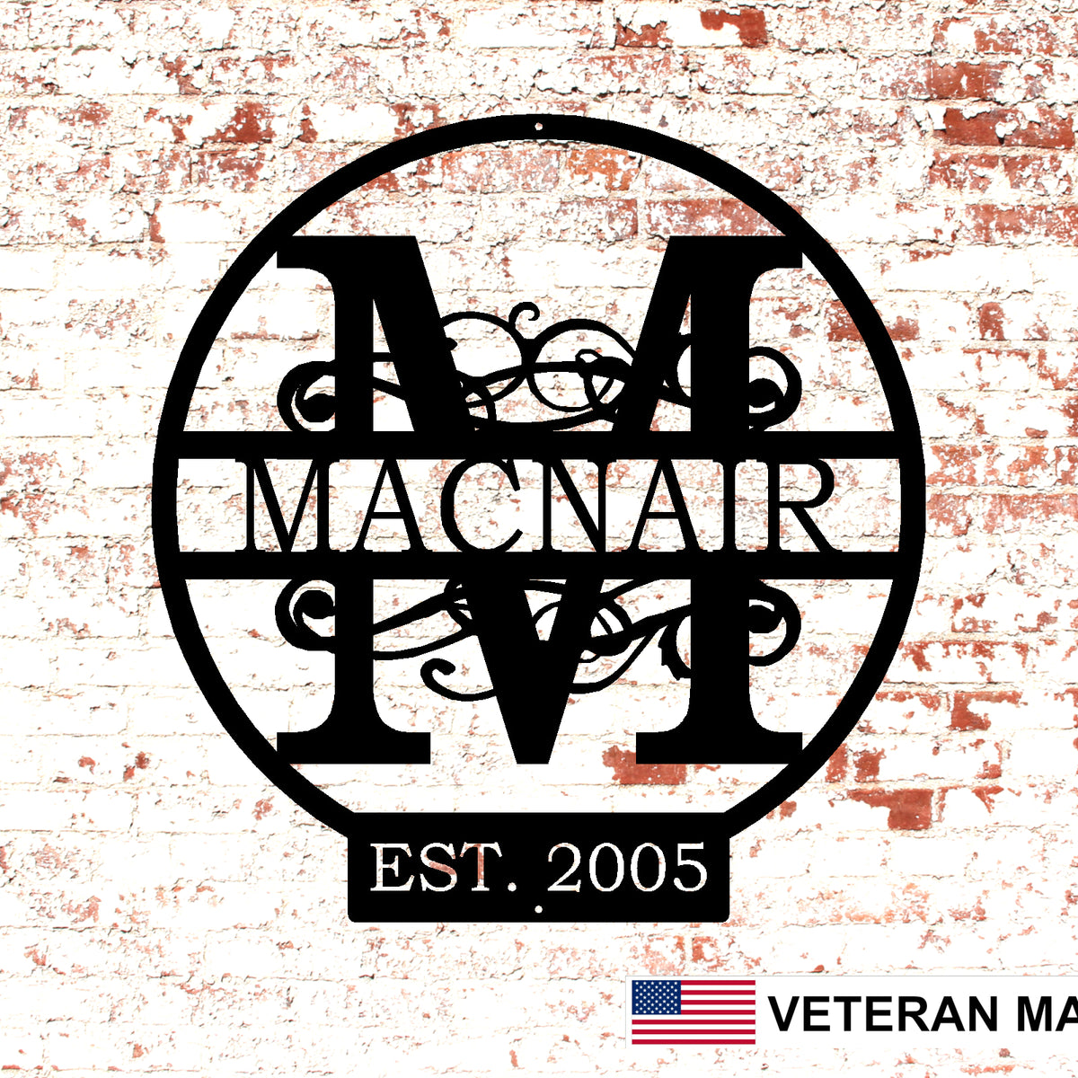 Monogram Bushy Scroll Personalized Round Metal Sign, Outdoor Custom Sign