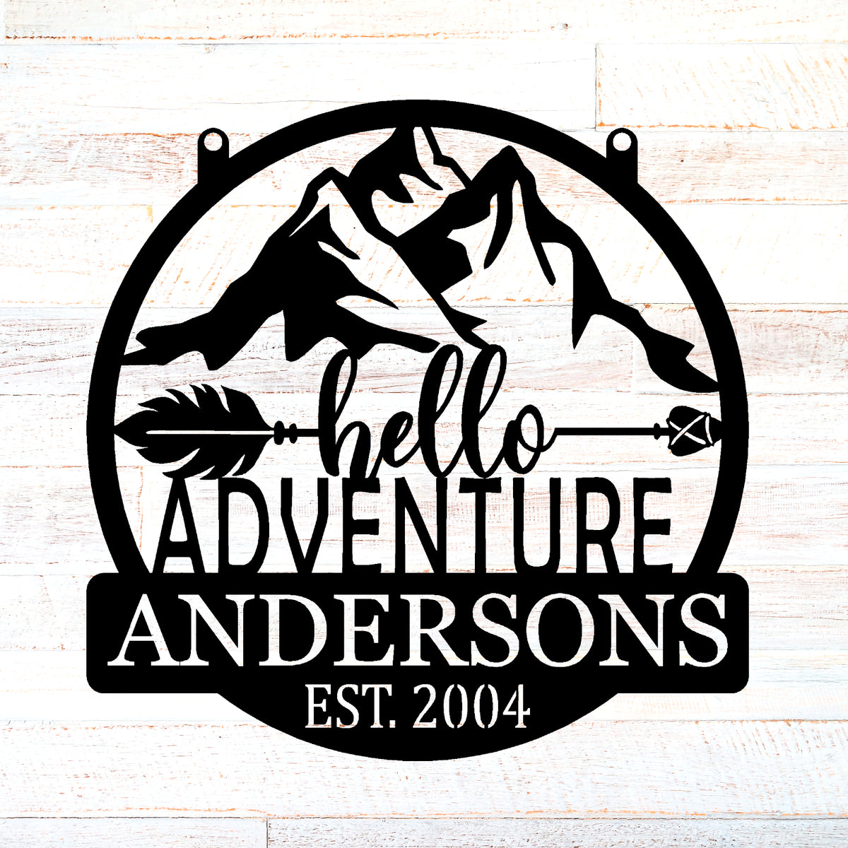 Mountain-Arrow-Hello Adventure Personalized Round Metal Sign - Campsite ...