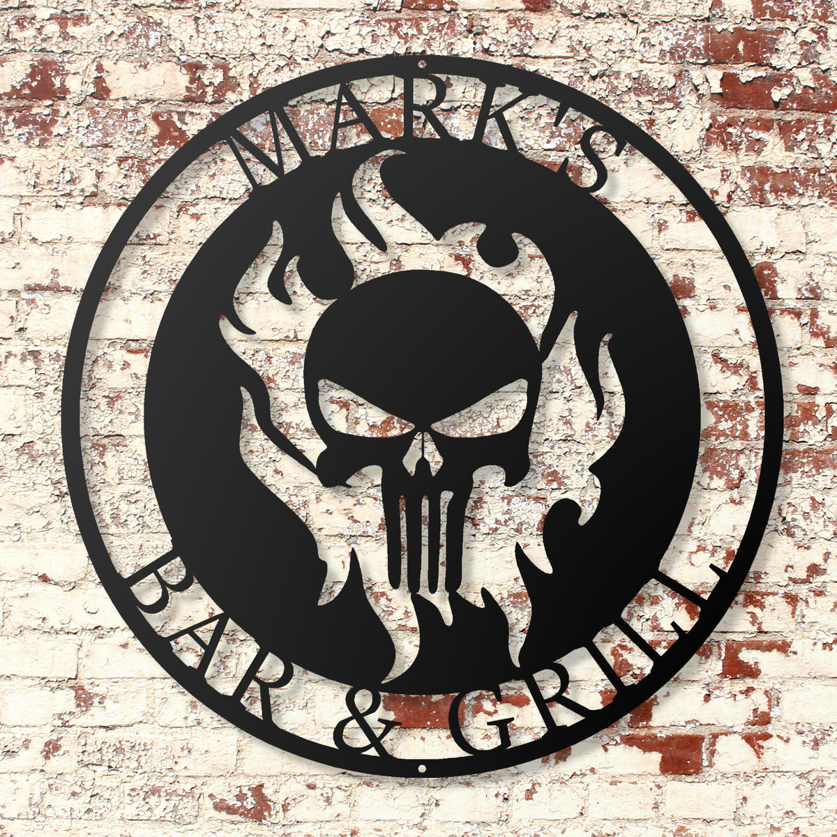 Bar and Grill Skull Personalized Round Metal Sign