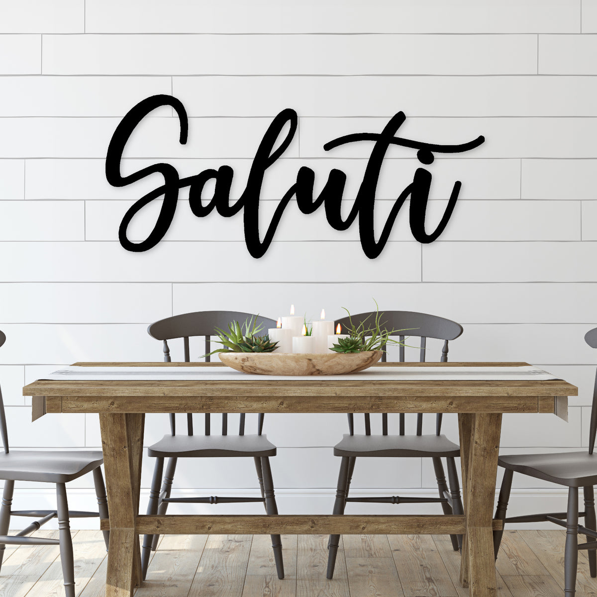 Saluti Metal Word Sign, Decorative Metal Wall Hanging